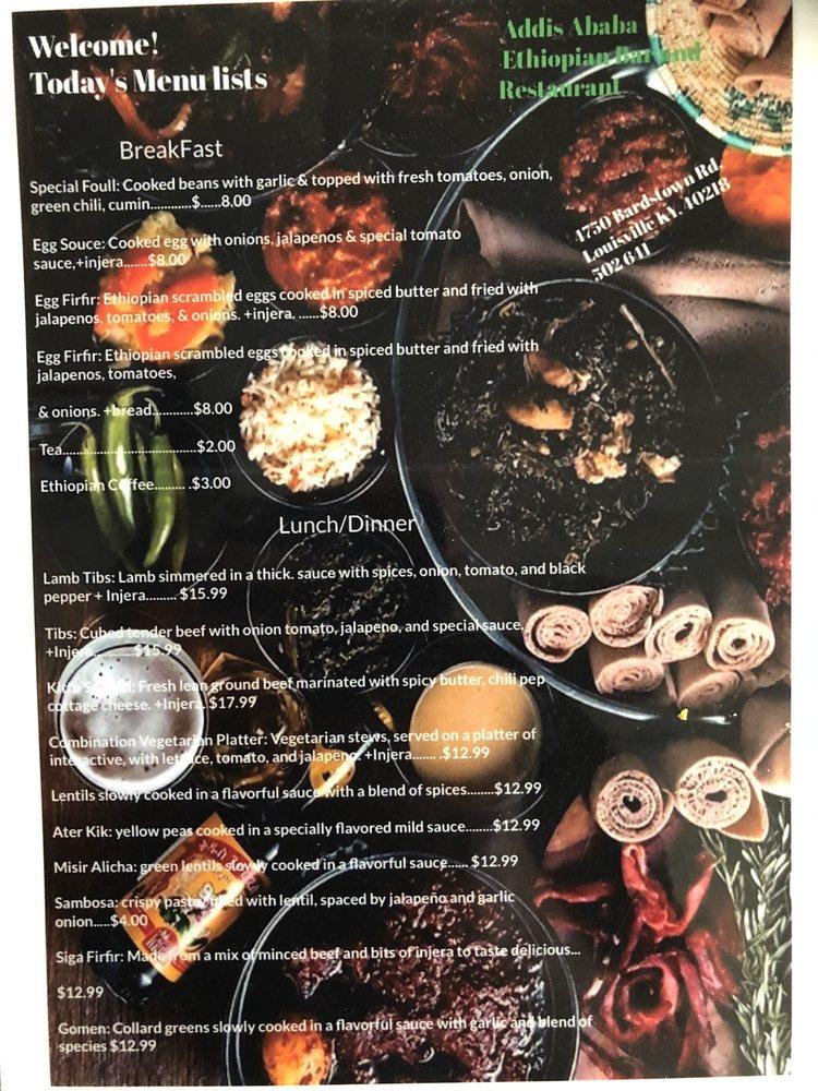Menu at Addis Ababa, Louisville