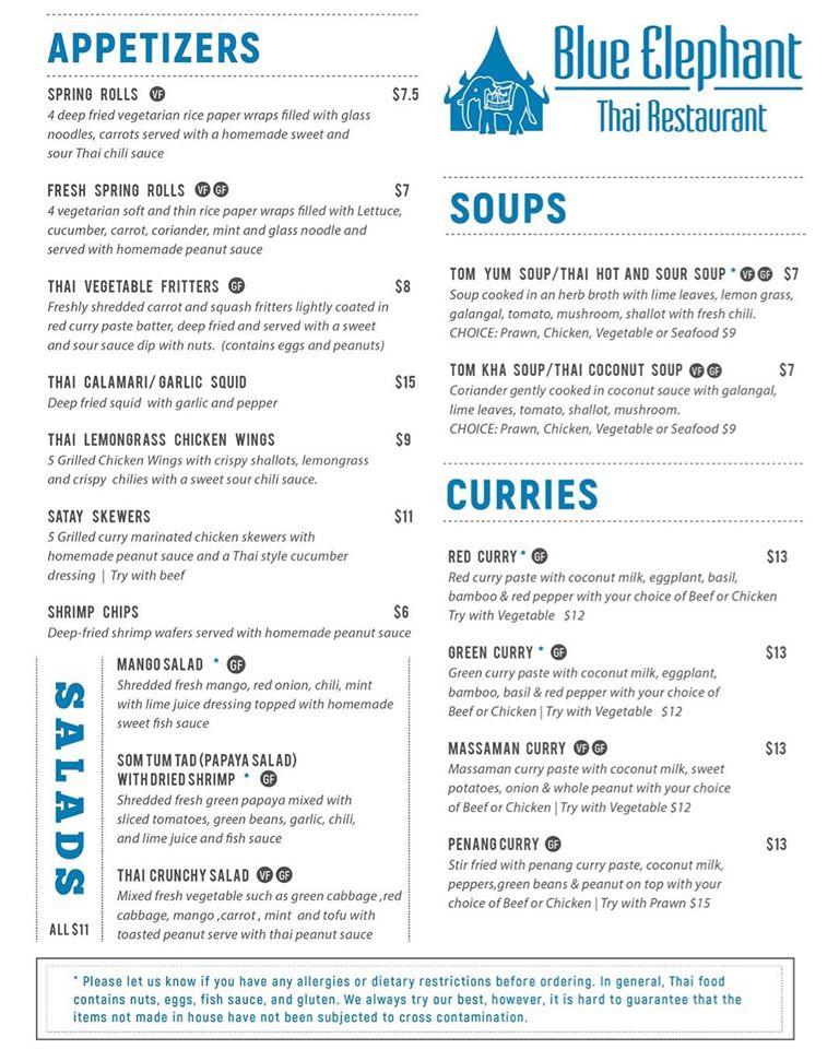 Menu at Blue Elephant Thai Restaurant, Bedford