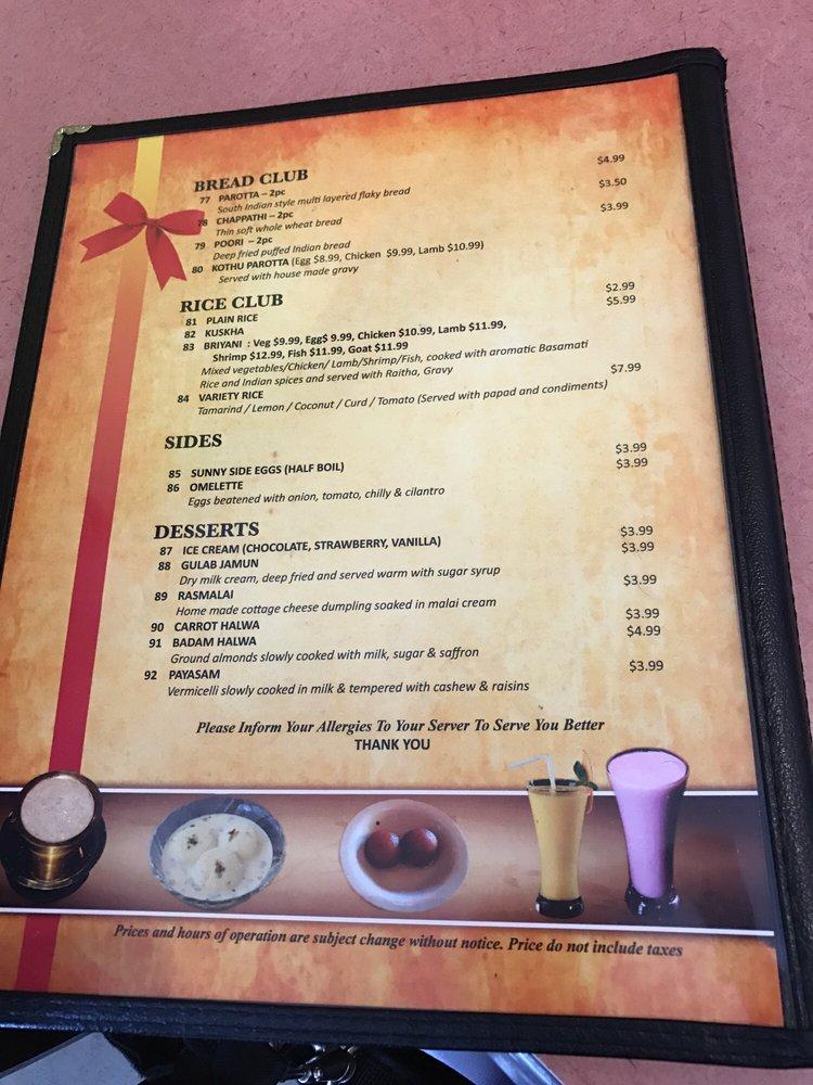 Menu at Madras Club House, Surrey