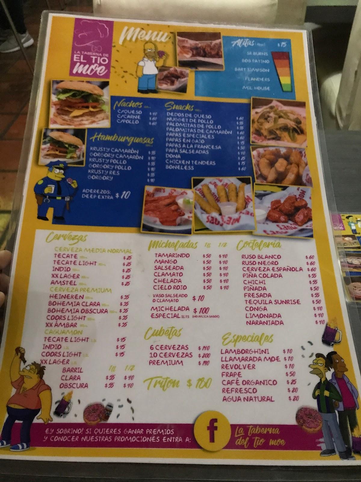Menu at Moe's pub & bar, Tepic