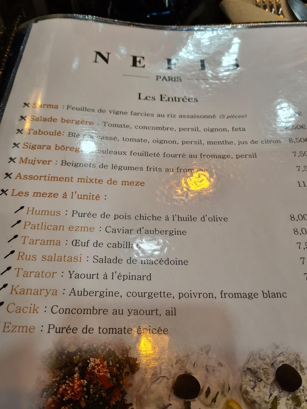 Menu at NEFIS restaurant, Paris