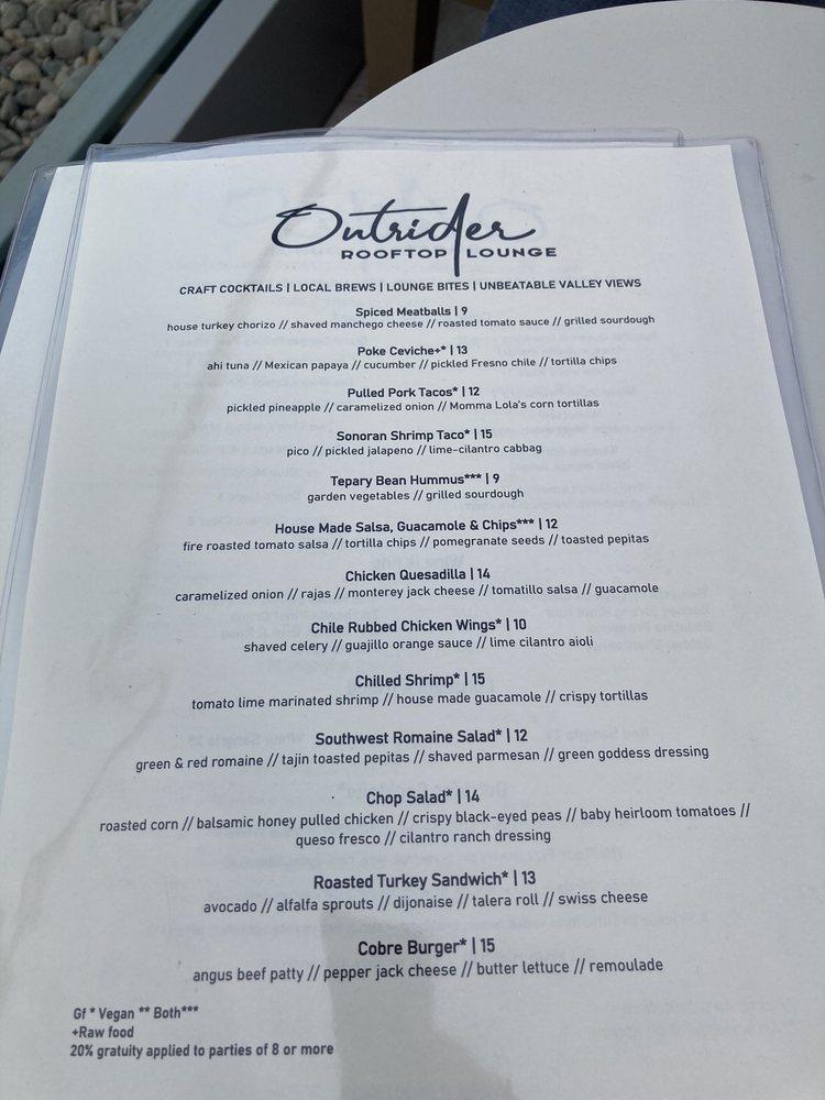 Menu at Outrider Rooftop Lounge pub & bar, Scottsdale