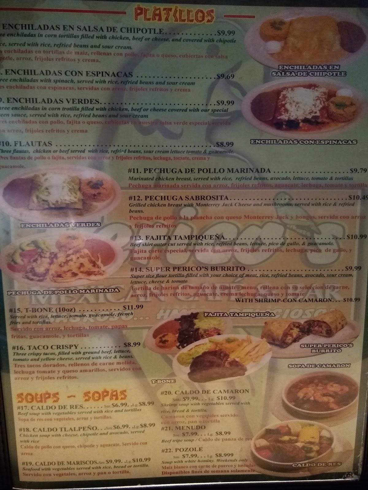 Menu at Pericos Mexican Cafe, Houston
