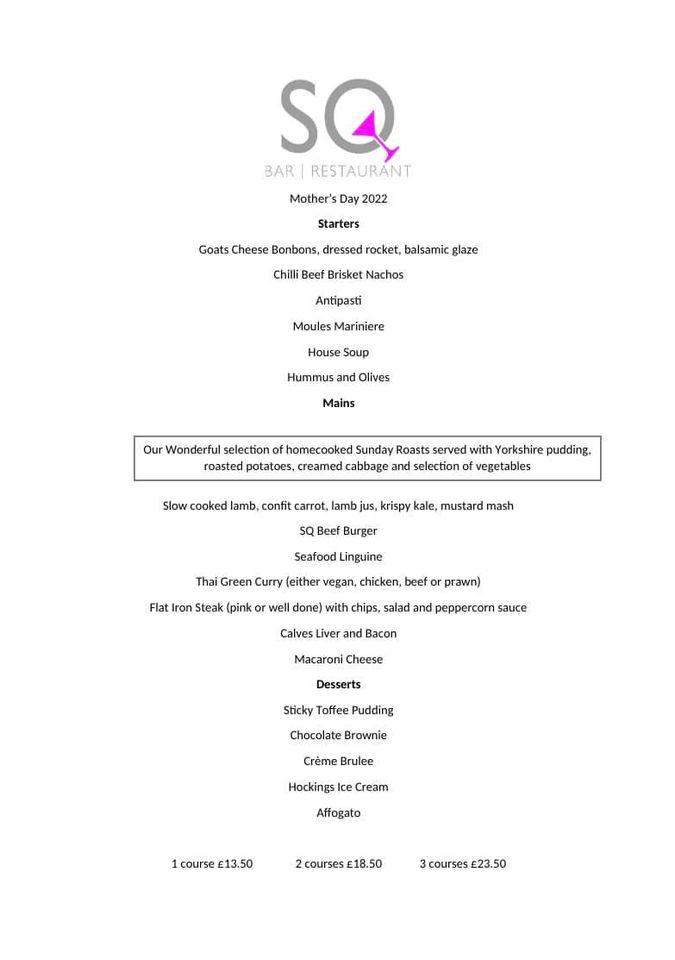 Menu at SQ Bar and Restaurant, Braunton