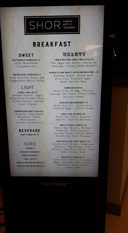 Menu at Shor Hyatt restaurant, Jacksonville
