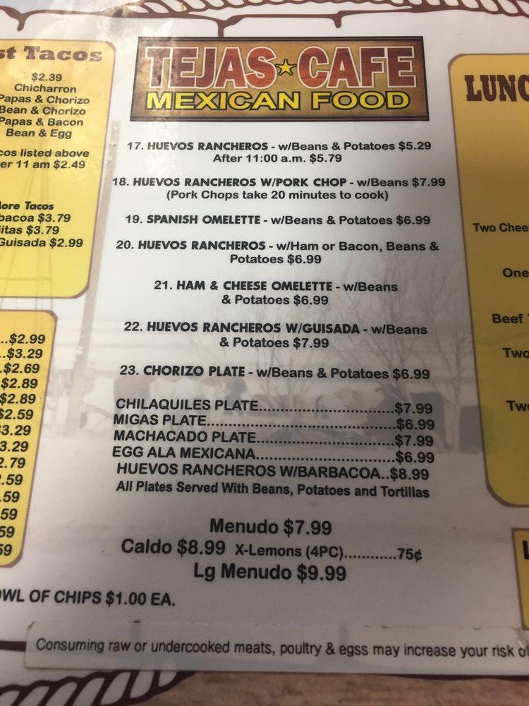 Menu at Tejas Cafe, San Antonio, O'Connor Rd