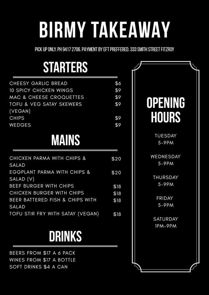 Menu at The Birmingham Hotel pub & bar, Fitzroy
