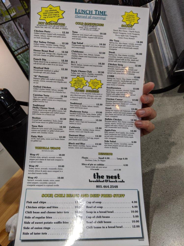 Menu at The Nest cafe, Atascadero