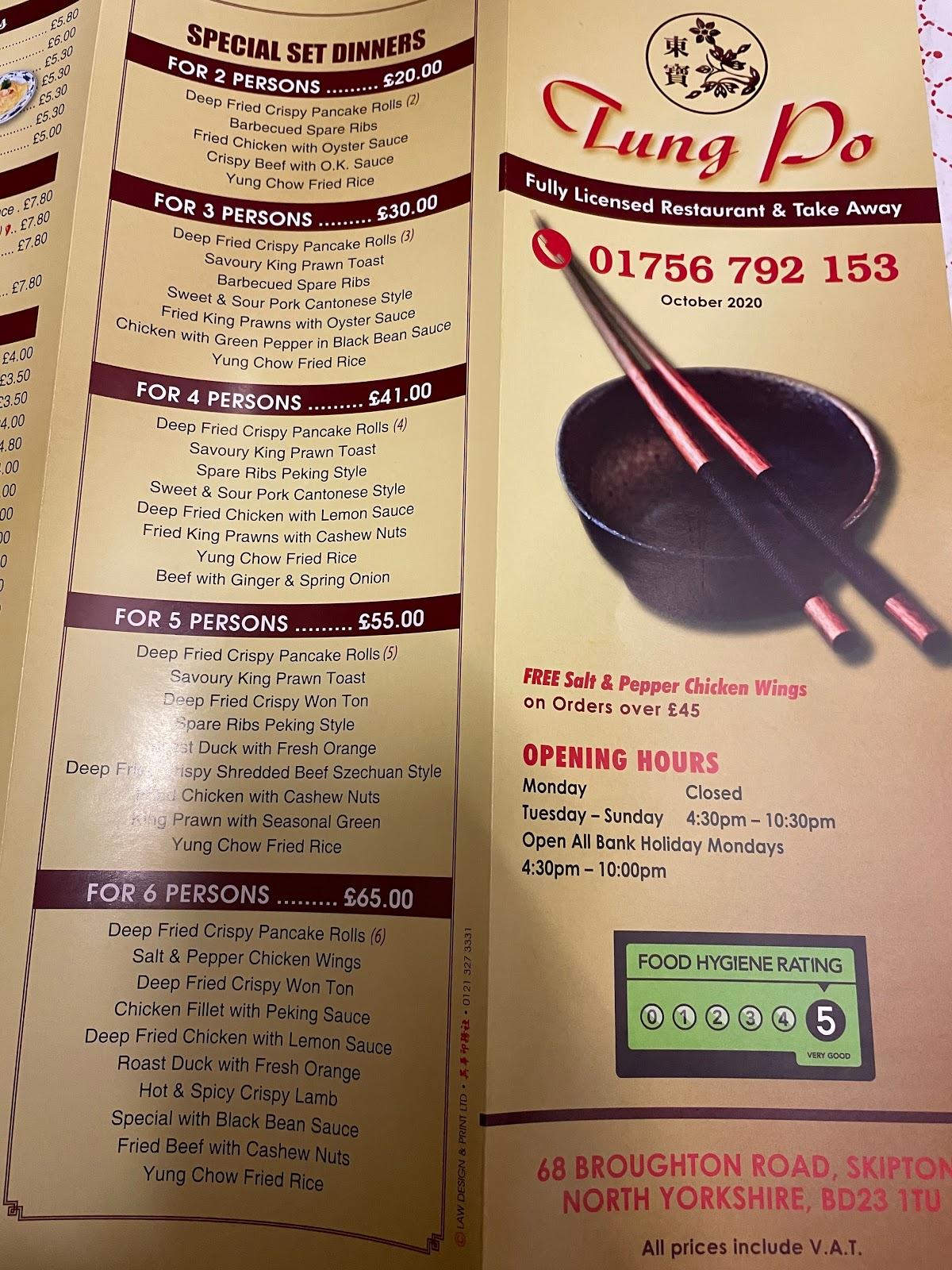 Menu at Tung Po fast food, Skipton