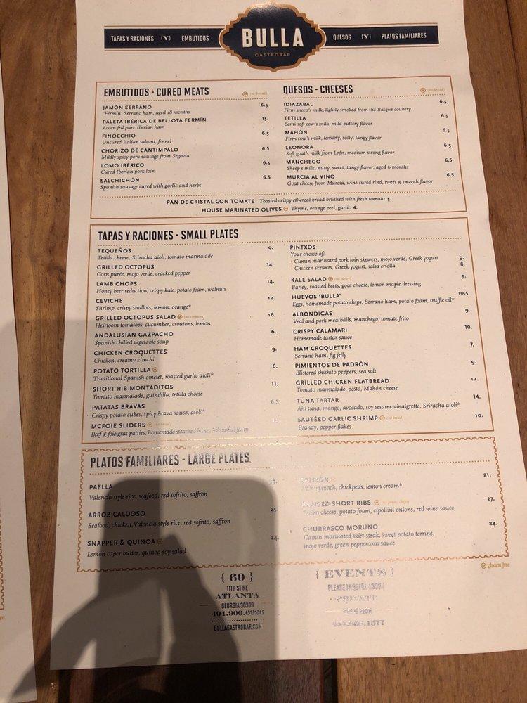 Menu at Bulla Gastrobar, Atlanta