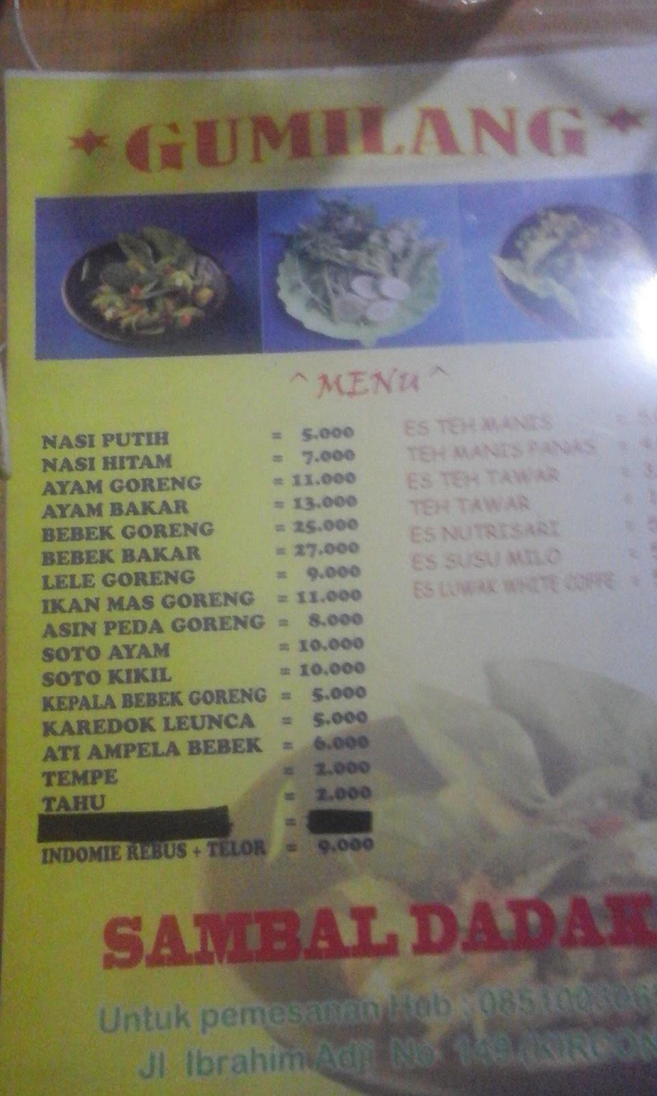 Menu at Gumilang restaurant, Bandung