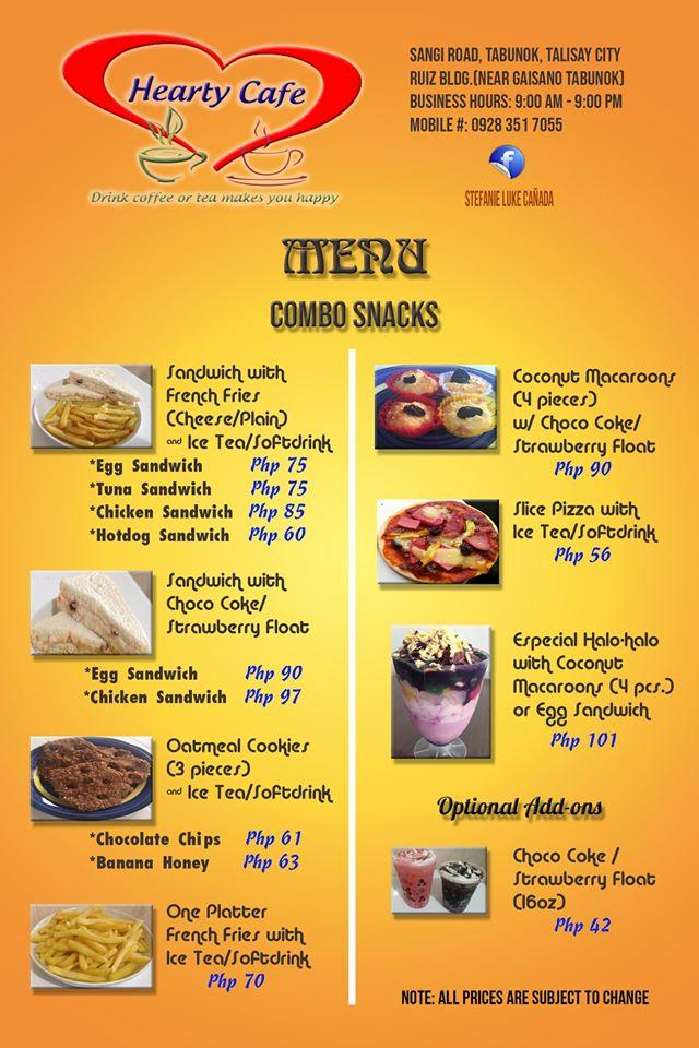 Carta de Hearty Cafe, Talisay