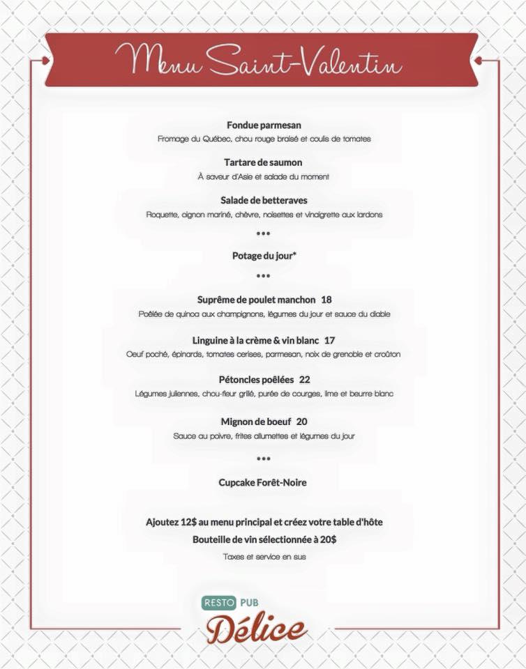 Menu au Resto Pub Délice (Le), Québec