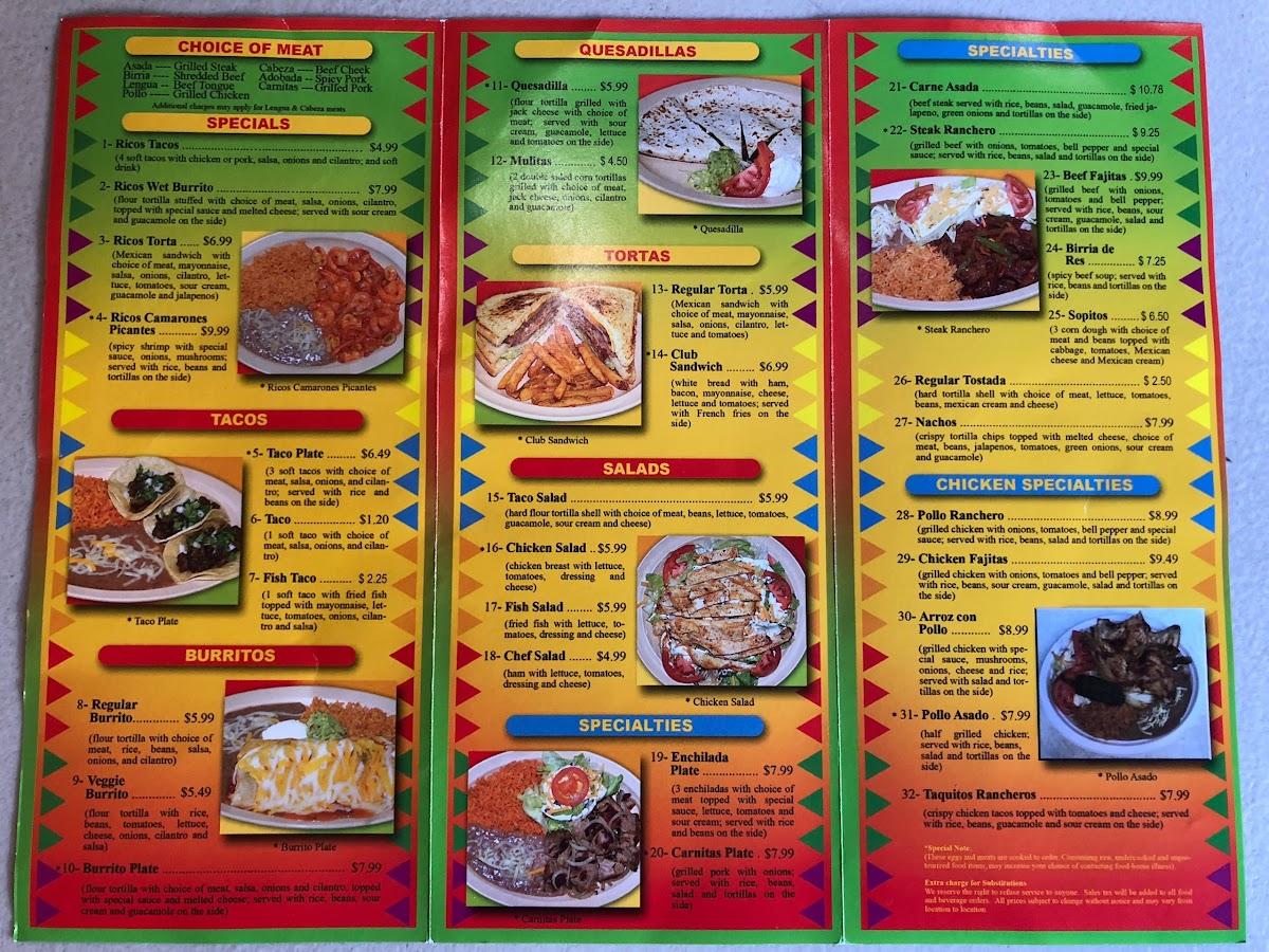 Menu at Ricos Tacos restaurant, Tacoma, Center St