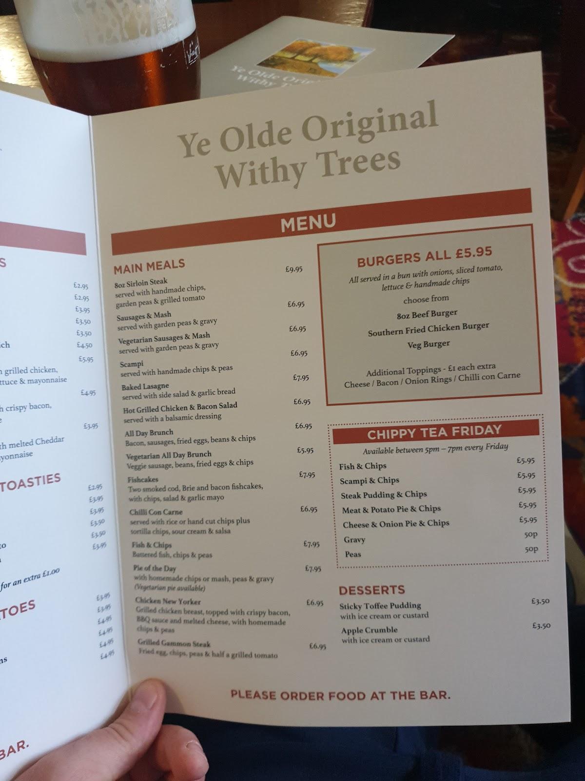 Menu at Ye Olde Original Withy Trees pub & bar, Preston