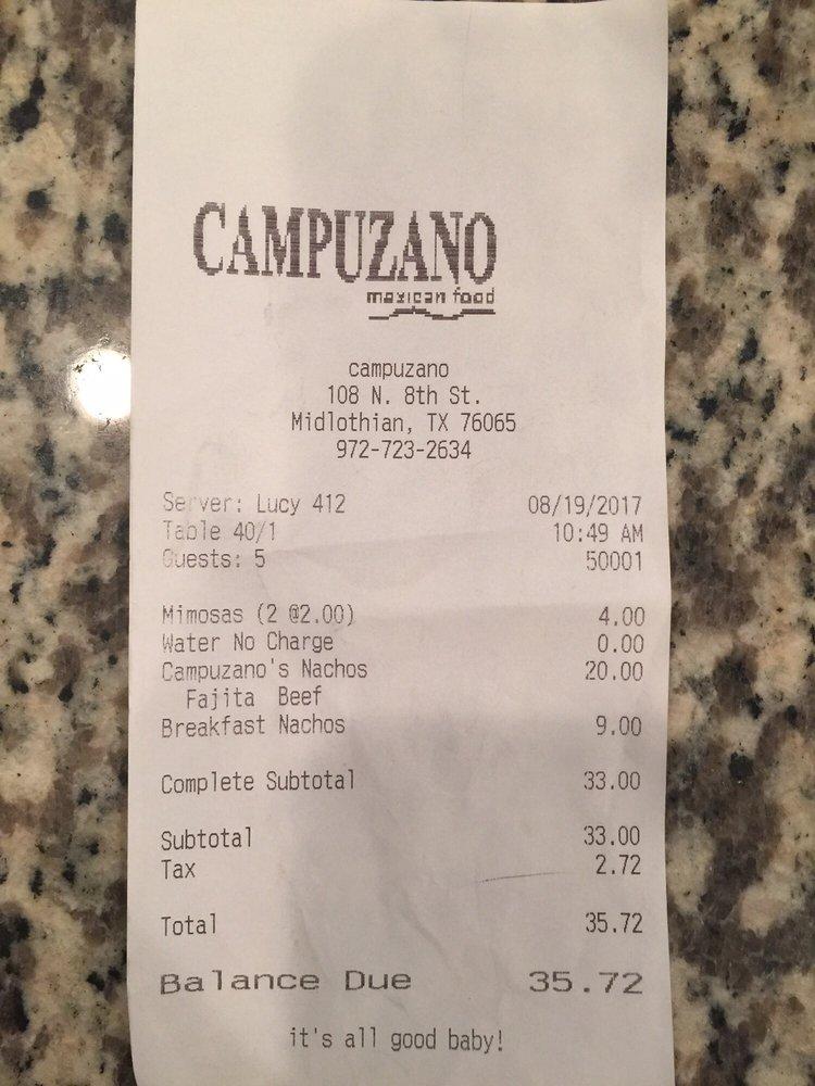 Menu at Campuzano Fine Mexican Food pub & bar, Midlothian, 108 N 8th St