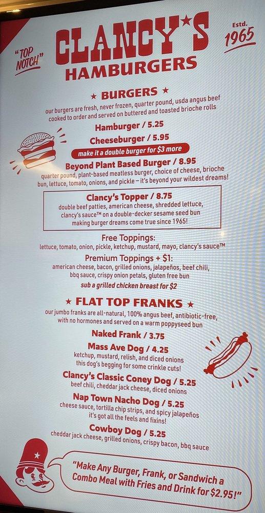Menu at Clancy's Hamburgers restaurant, Indianapolis, 906 Carrollton ...