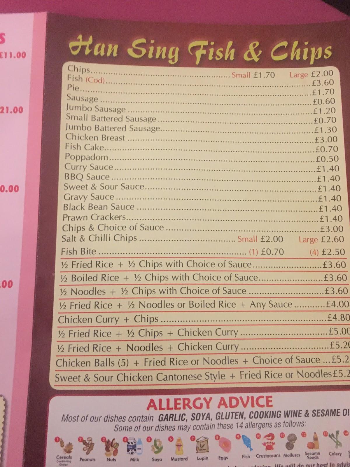 Menu at Han Sing restaurant, Cardiff