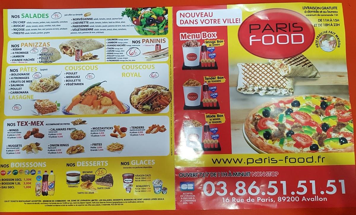 Menu at Paris food restaurant, Avallon