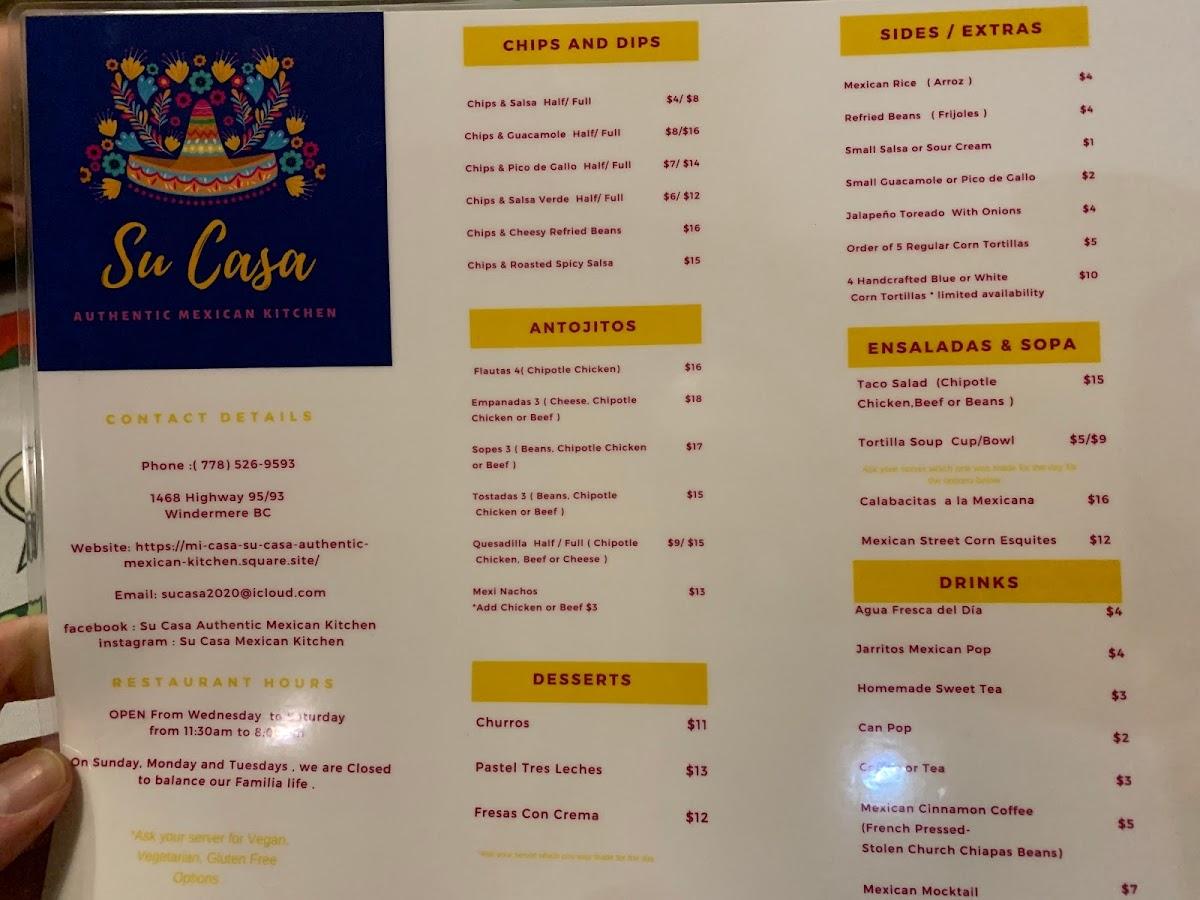 Menu at Su Casa Authentic Mexican Kitchen restaurant, Fairmont Hot ...