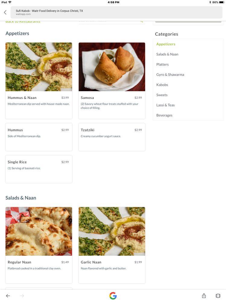 Menu at Sufi Kabob restaurant, Corpus Christi