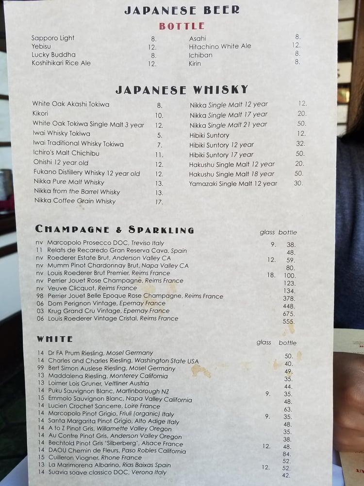 Menu at Yamashiro Hollywood restaurant, Los Angeles