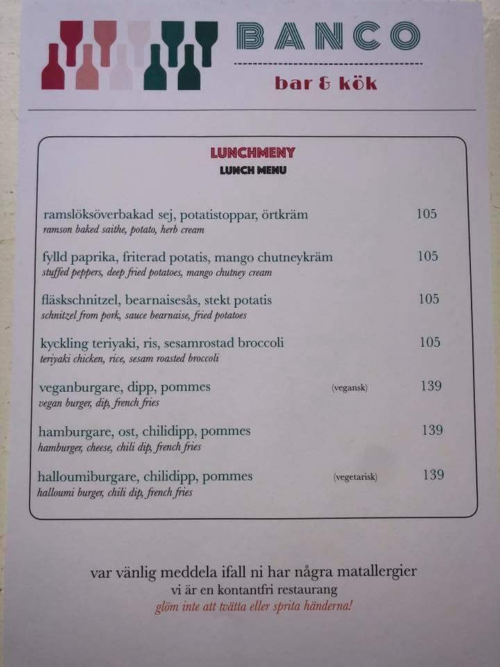 Menu at Banco restaurant, Vadstena