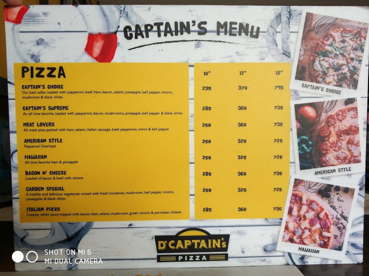 Menu at D' Captain's Pizza restaurant, Masbate City, 9J6G+C2J