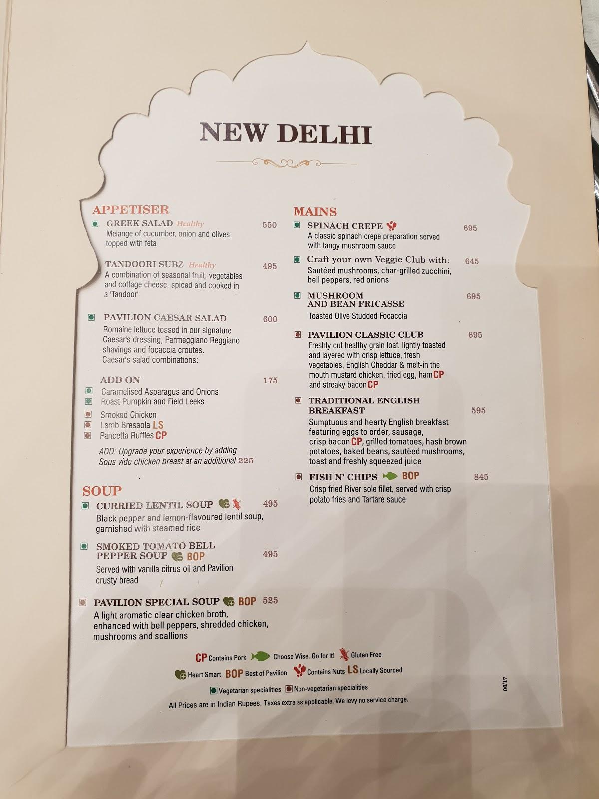 Menu at Delhi Pavilion, New Delhi, G6G8+GF3