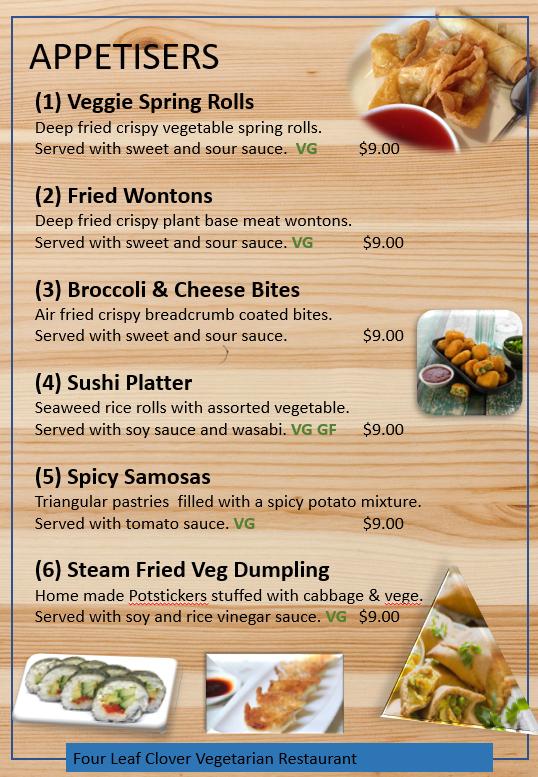 Menu at Four Leaf Clover Vegetarian Restaurant, Timaru