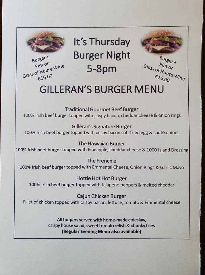 Menu at Gilleran's pub & bar, Mullingar