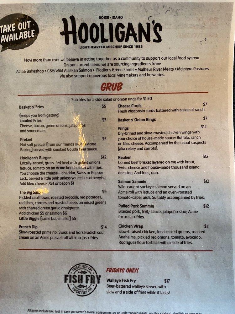 Menu at Hooligans Pub, Boise