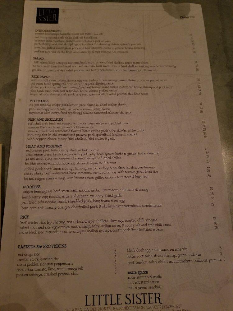 Menu at Little Sister restaurant, Redondo Beach