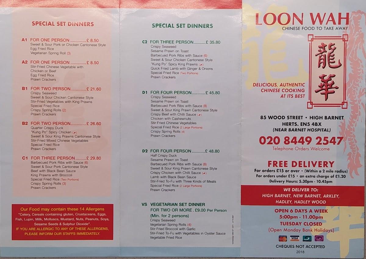 Menu at Loon Wah fast food, Barnet, 85 Wood St