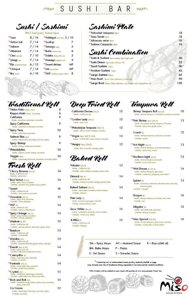 Menu at MISO Japanese sushi & bar, Anchorage