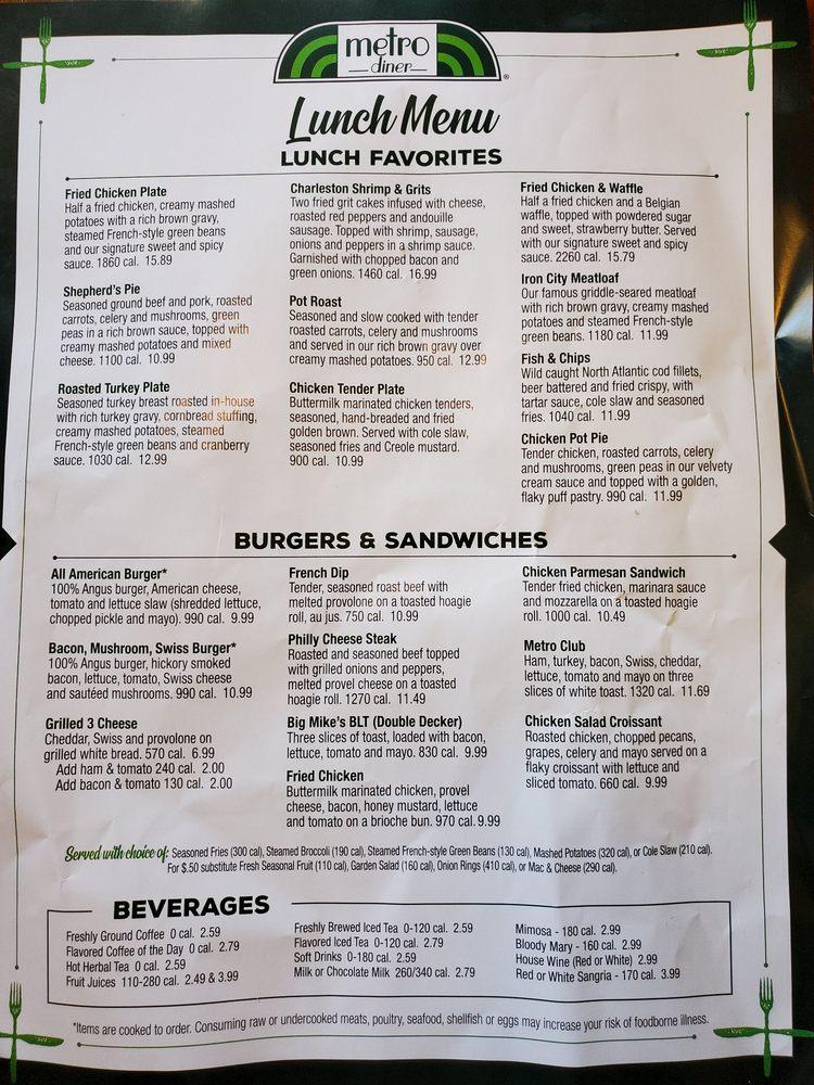 Menu at Metro Diner restaurant, Tampa