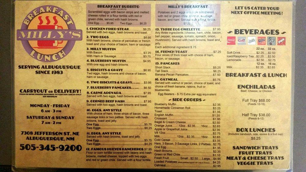 Menu at Milly's restaurant, Albuquerque, Jefferson St NE