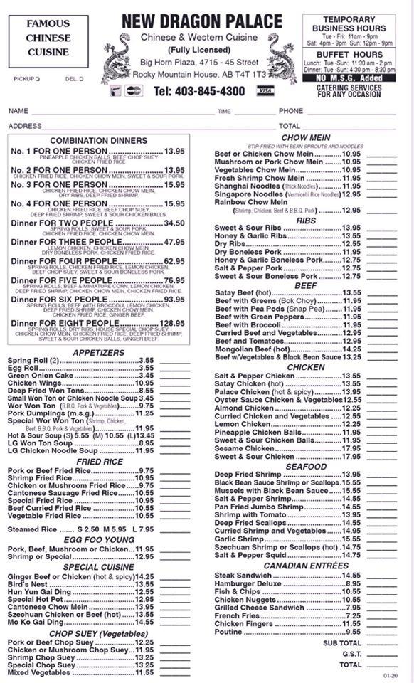 Menu at New Dragon Palace restaurant, Rocky Mountain House, 45 St