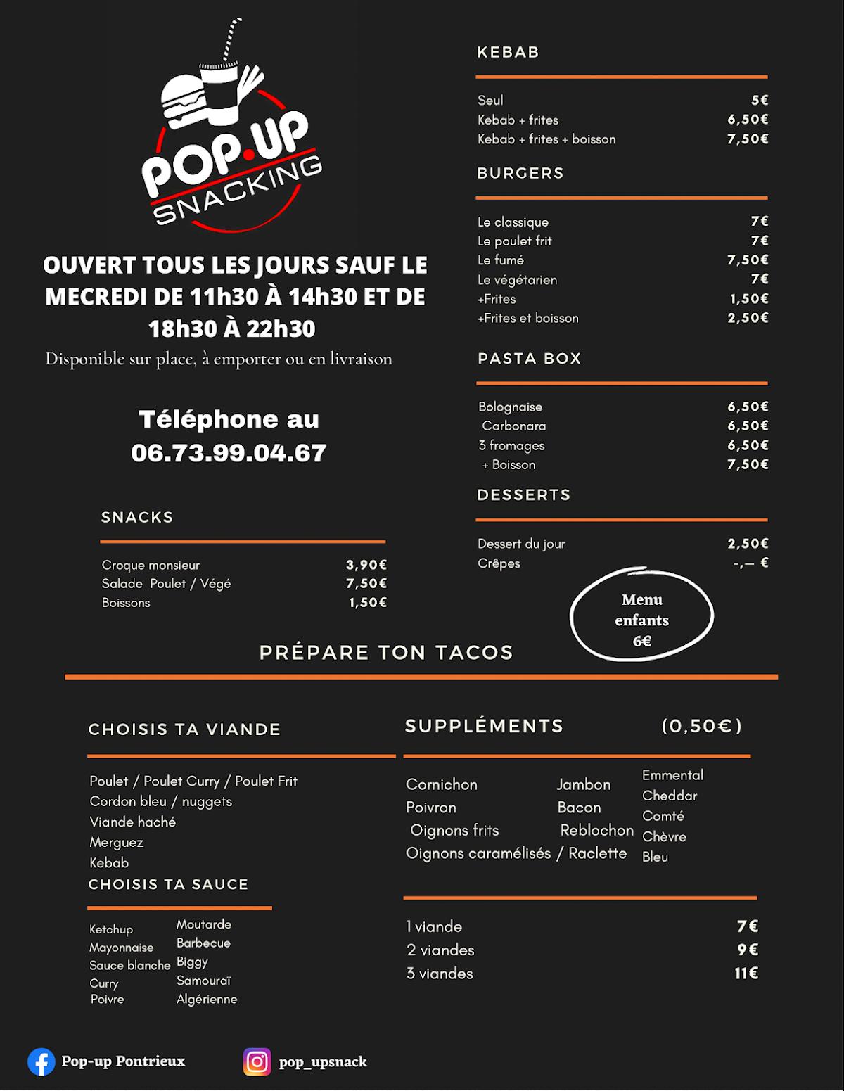 Menu at Pop Up Snacking restaurant, Pontrieux