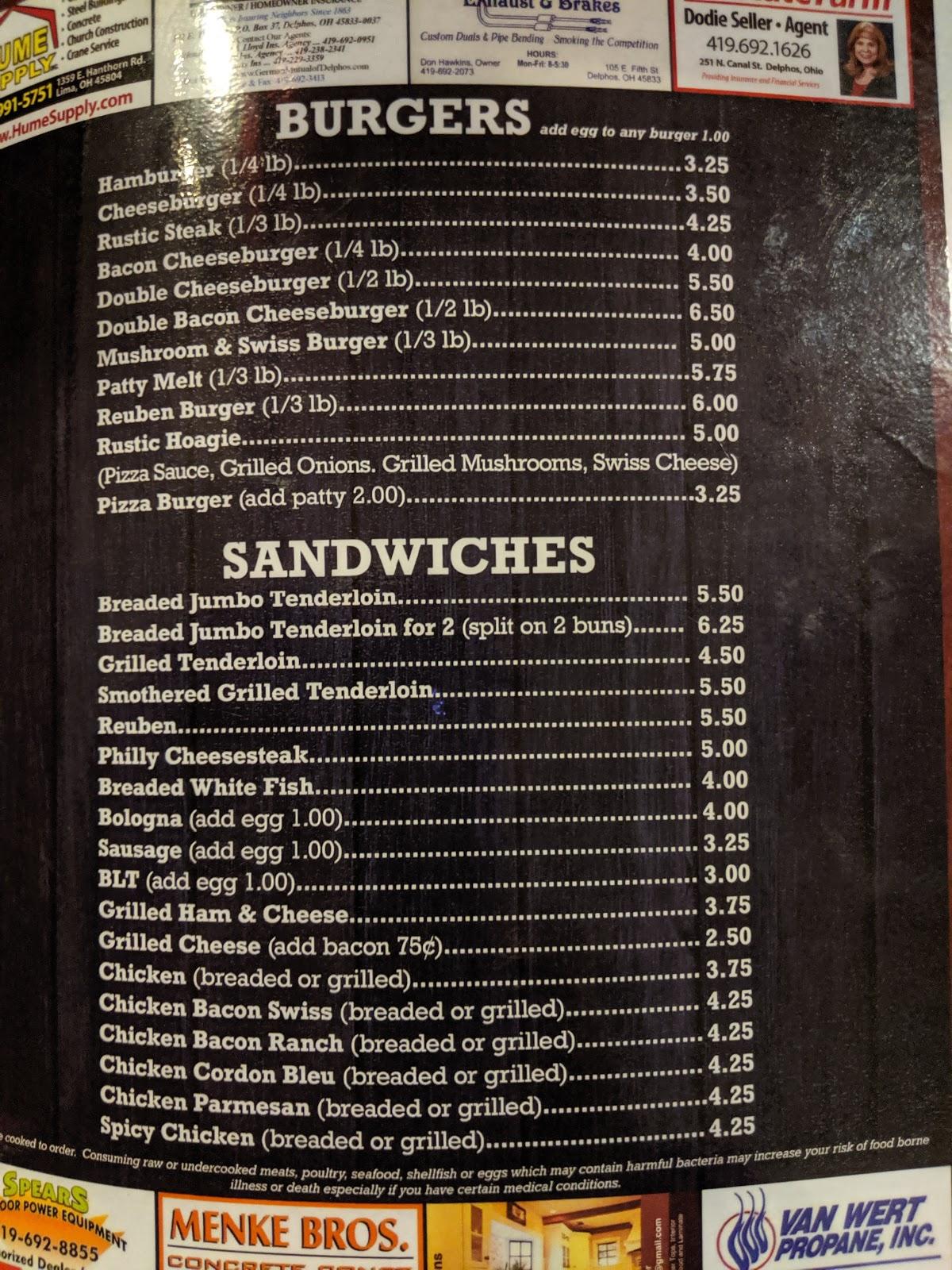 Menu at Rustic Cafe, Delphos