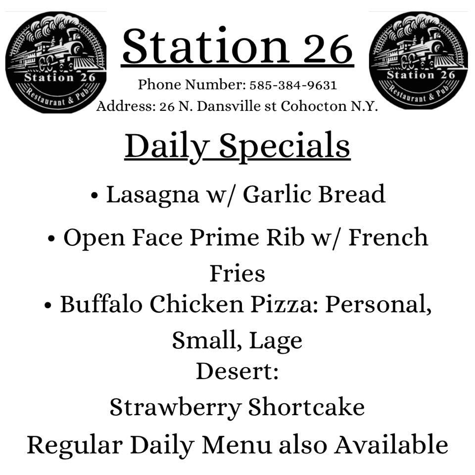 Menu at Station 26 Restaurant and Pub, Cohocton