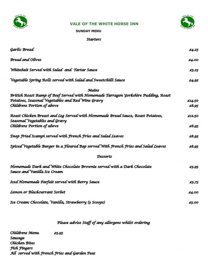 Menu at Vale of the White Horse Inn pub & bar, Minety