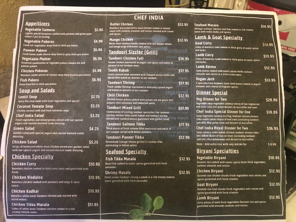 Menu at Chef India restaurant, Lawton