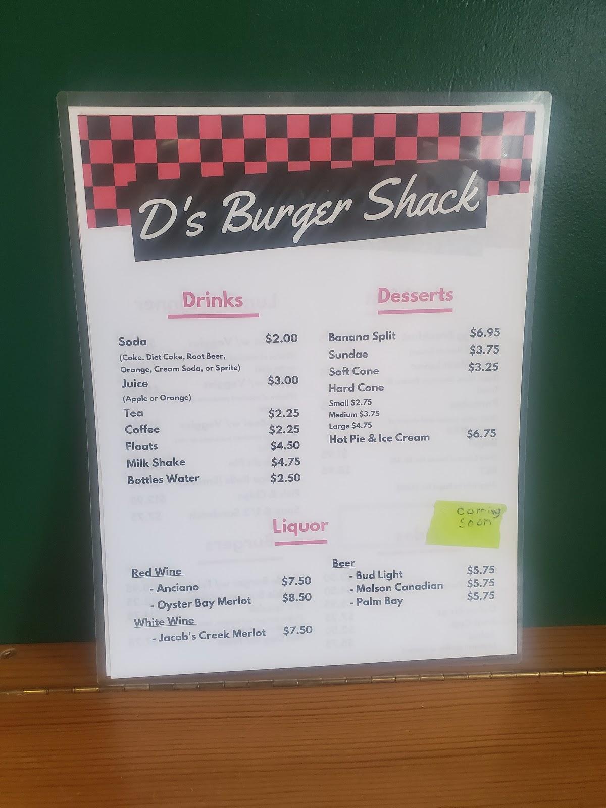 Menu at D's burger shack restaurant, Crossfield