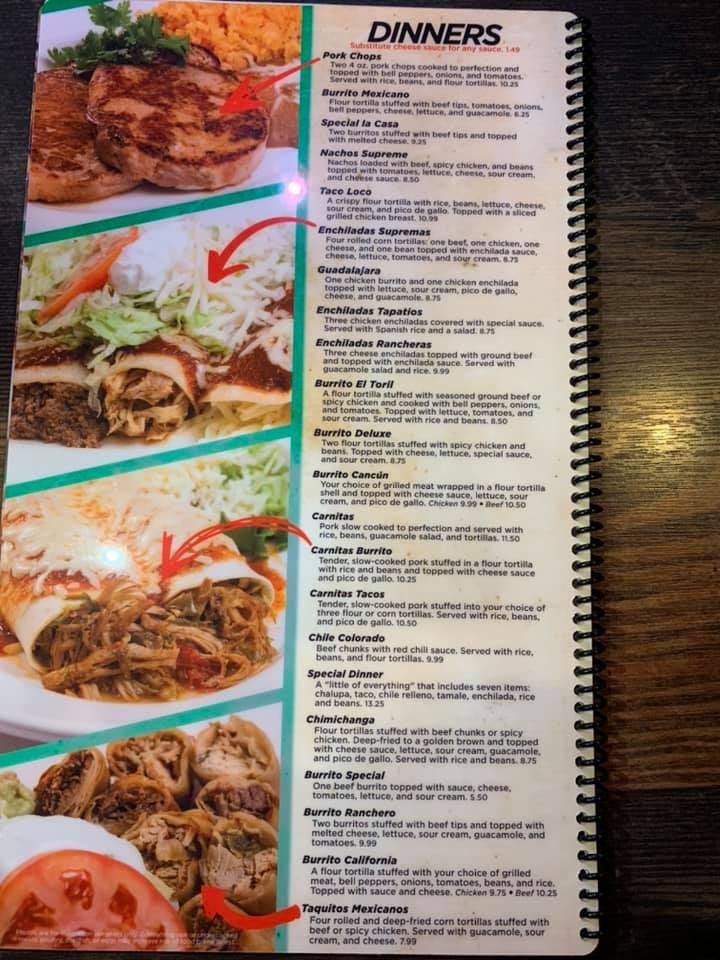 Menu at El Toril restaurant, Gallipolis, Eastern Ave