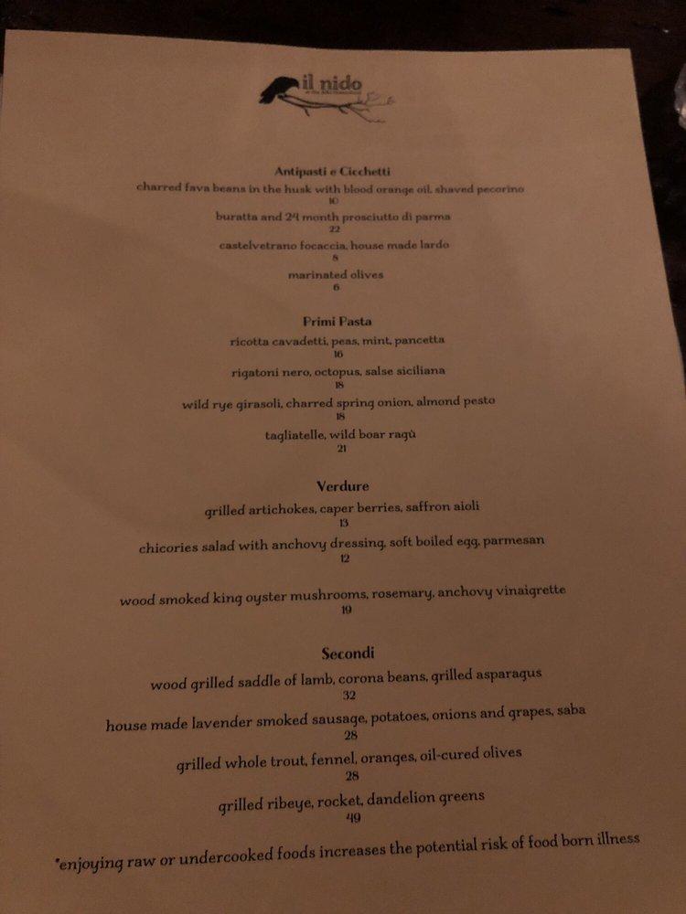 Menu at Il Nido restaurant, Seattle