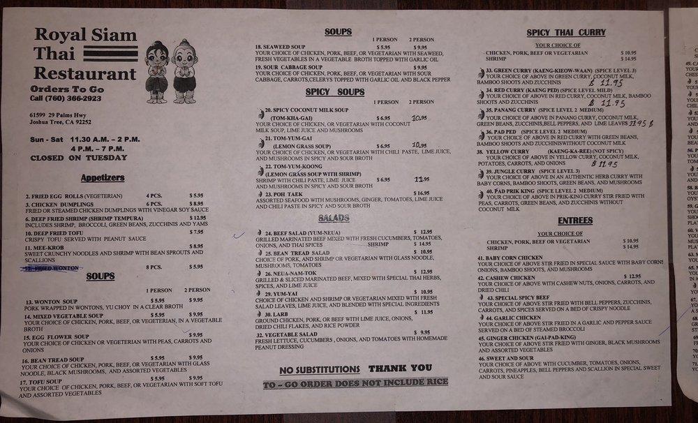 Menu at Royal Siam Cuisine Thai Restaurant, Joshua Tree