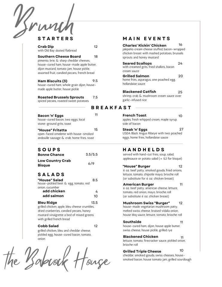 Menu at The Babcock House restaurant, Appomattox
