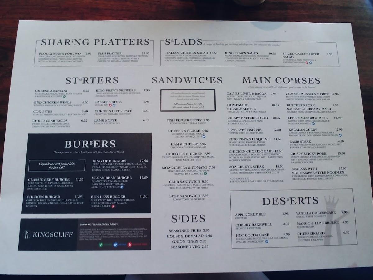 Menu at Kingscliff Food and Drink restaurant, Clacton-on-Sea