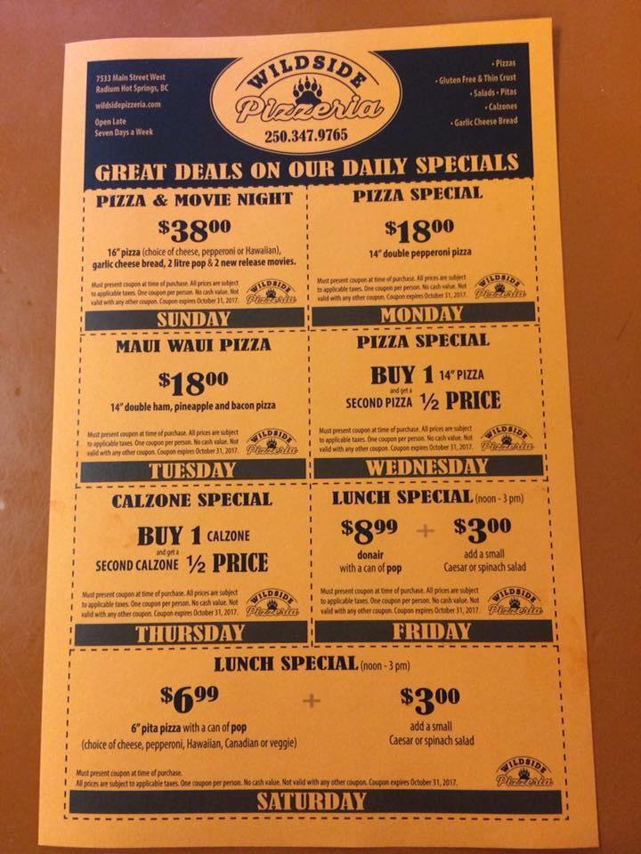 Menu at Wildside Pizzeria, Radium Hot Springs